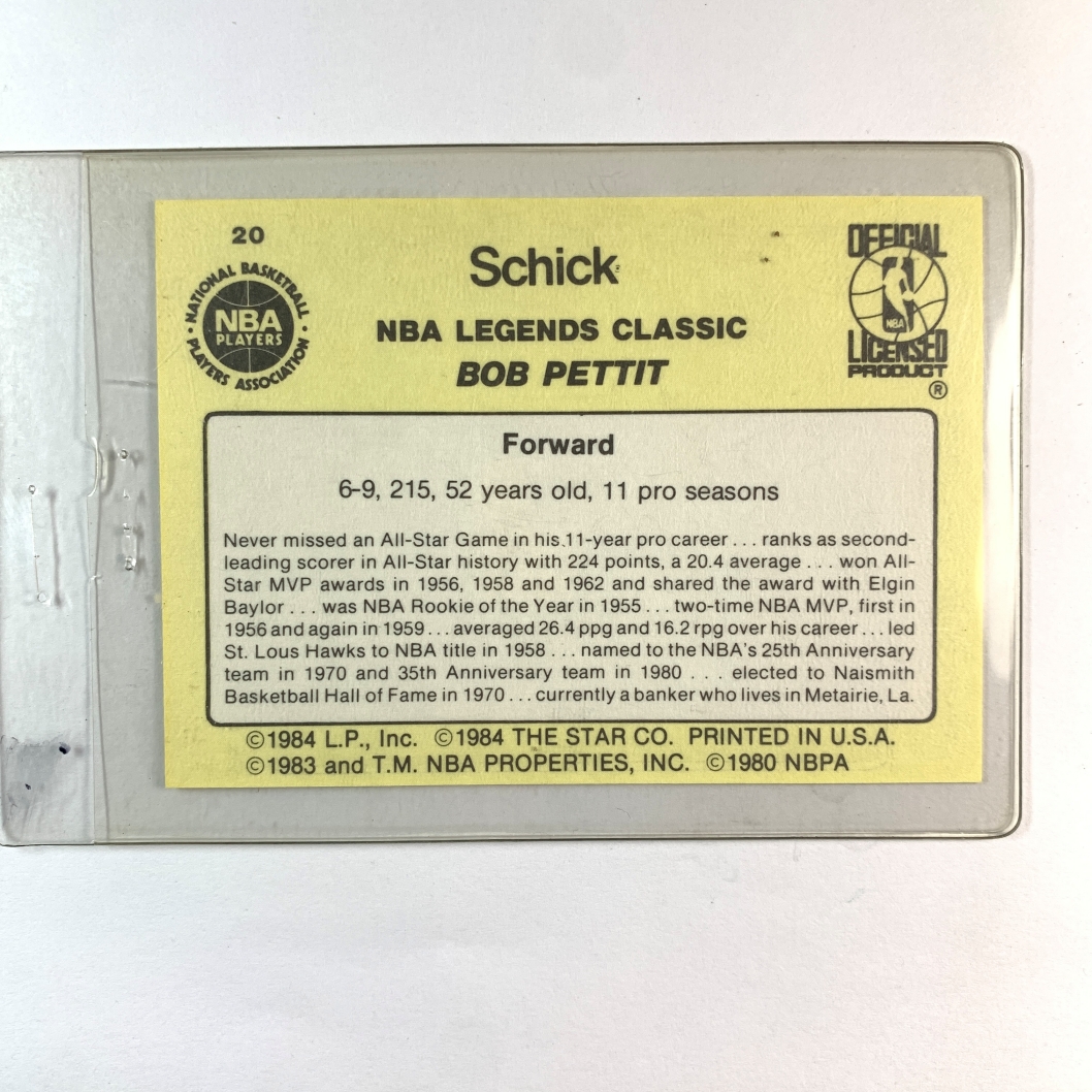 1985 star Cards Bob Pettit Schick NBA Legends Card High Grade ...