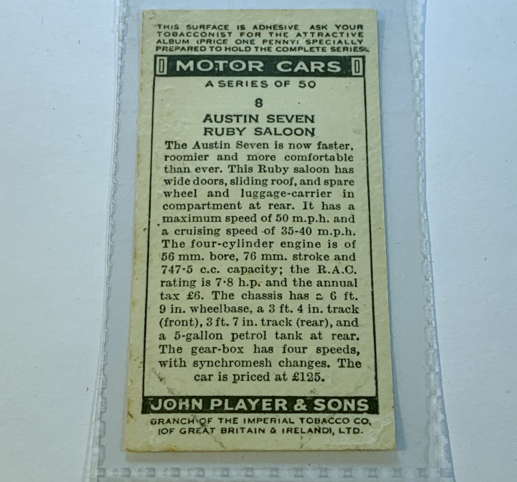 Austin Seven Ruby Saloon 1936 Players and Son's Pre-War Tobacco Card ...