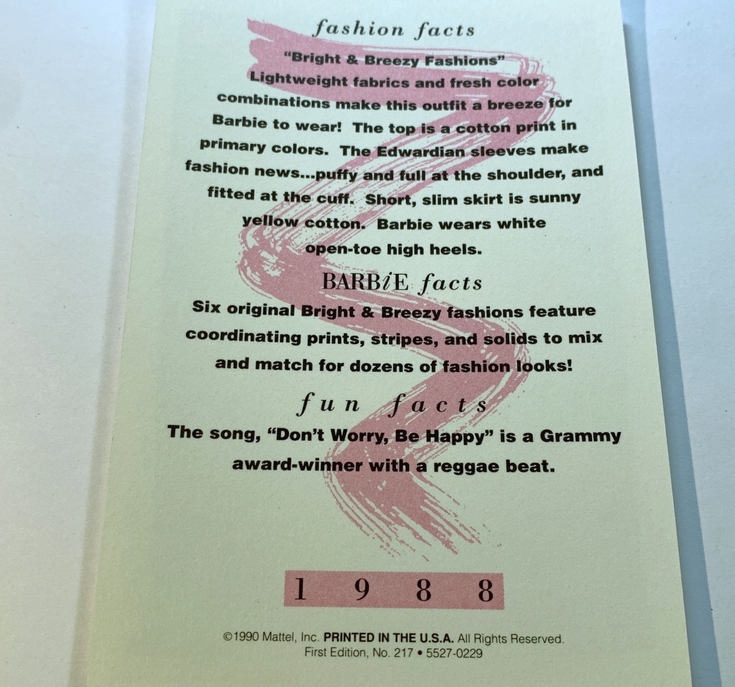 Bright & Breezy 1988 Mattel Barbie Card High Grade Original Condition ...