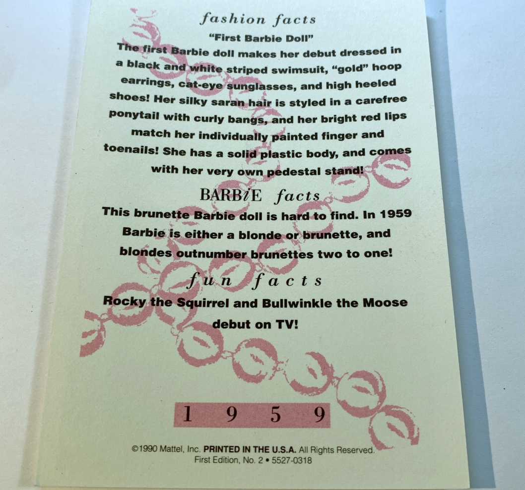 First Barbie 1959 Mattel Barbie Card High Grade Original Condition ...