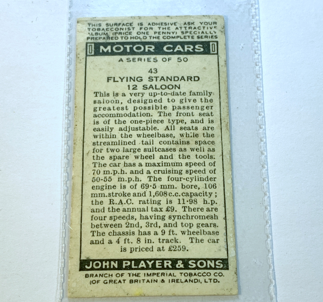 Flying Standard 12 Saloon 1936 Players and Son's Pre-War Tobacco Card ...