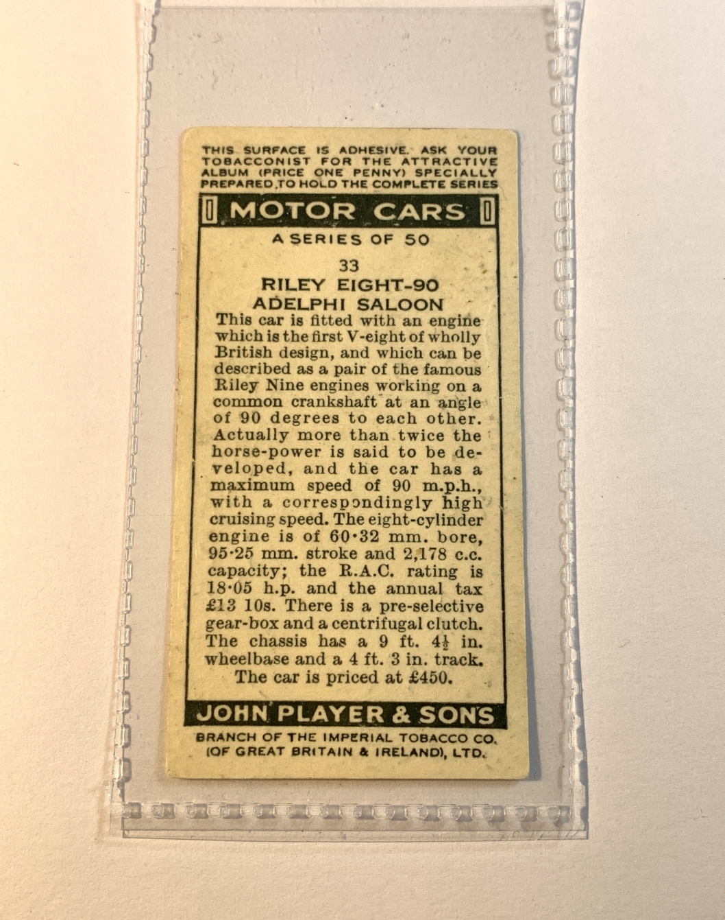 Riley Eight-90 Adelphi Saloon 1936 Players & Sons Tobacco Cigarette ...