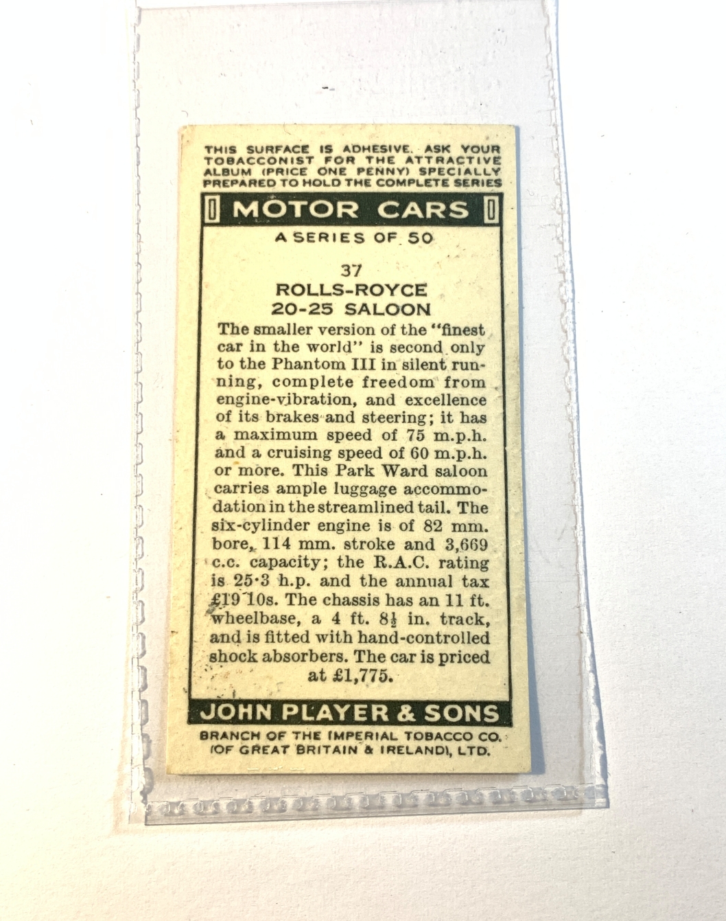 Rolls-Royce 20-25 Saloon 1936 Players & Sons Tobacco Cigarette Cards ...