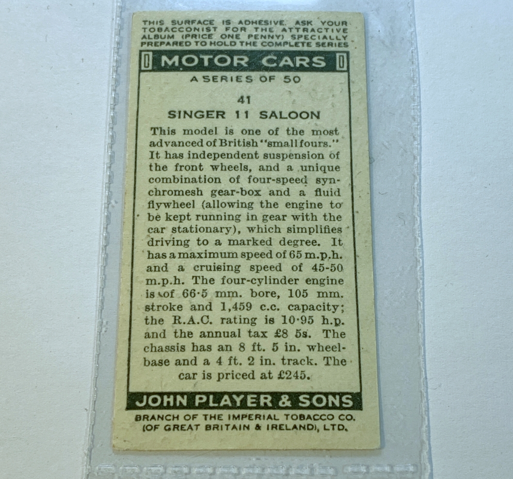 Singer II Saloon 1936 Players and Son's Pre-War Tobacco Card *Raffle ...