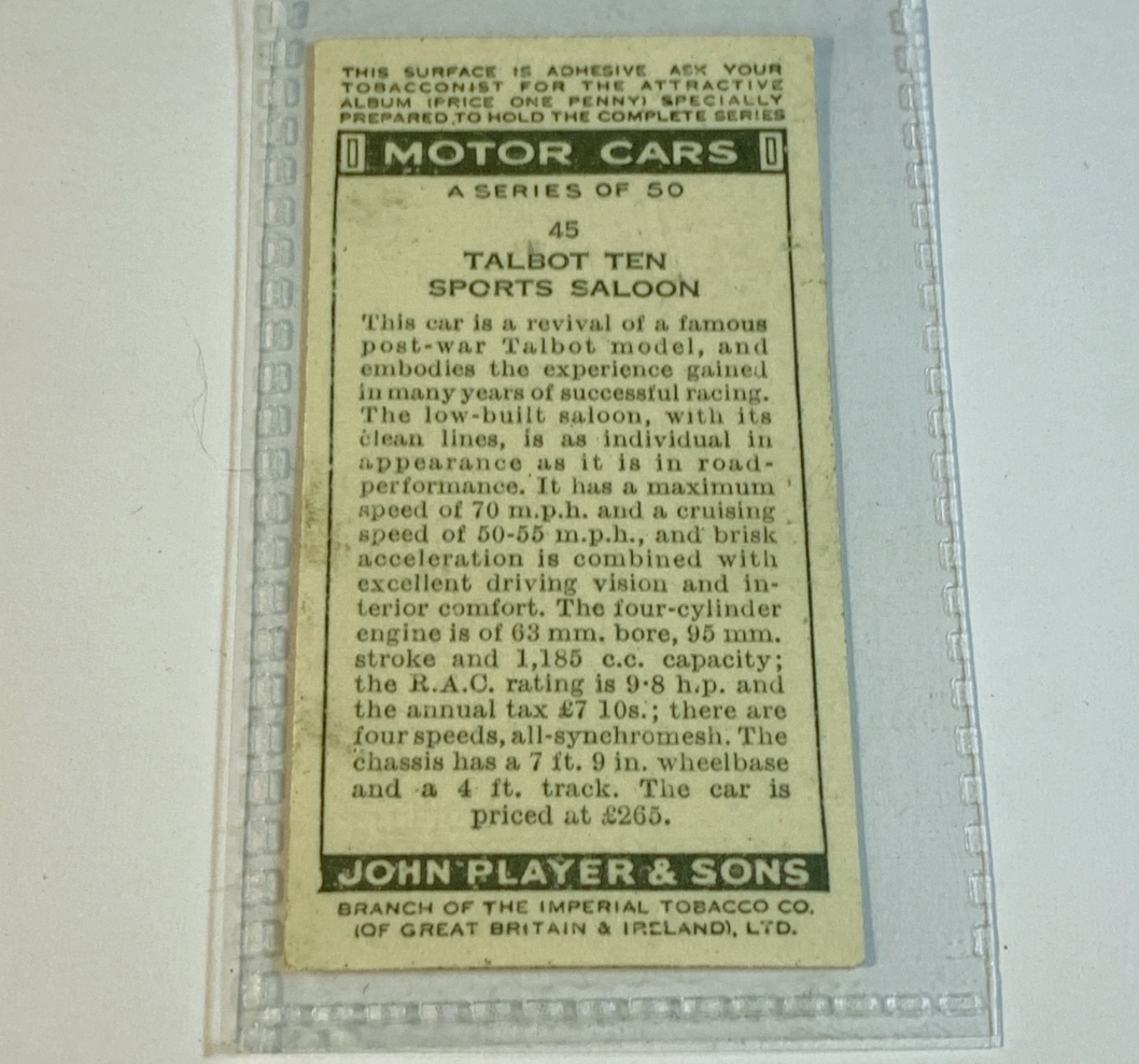 Talbot Ten Sports Saloon 1936 Players and Son's Pre-War Tobacco Card ...