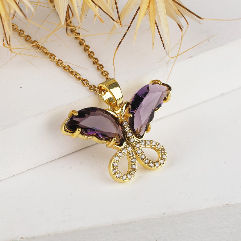 Gold Plated Micro Pave Butterfly Pendant Necklace, Multiple Colors ...