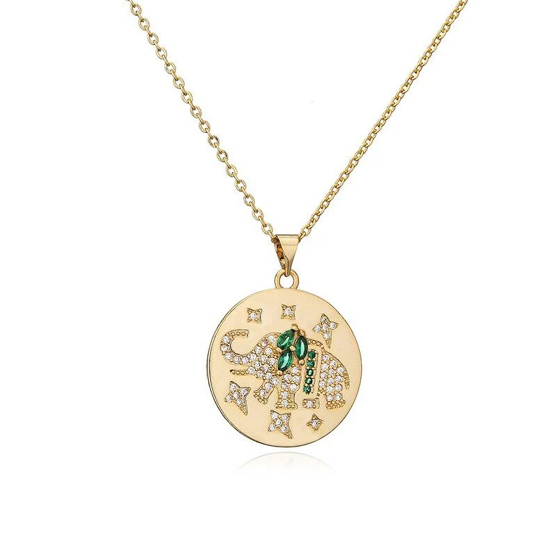 Gold Plated Micro Pave Emerald Green Elephant Disc Pendant Necklace ...