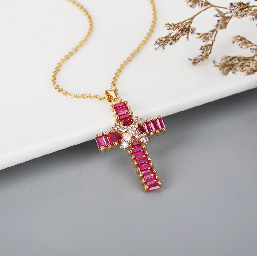 Gold Plated Micro Pave Hot Pink Baguette X Cross Pendant Necklace ...