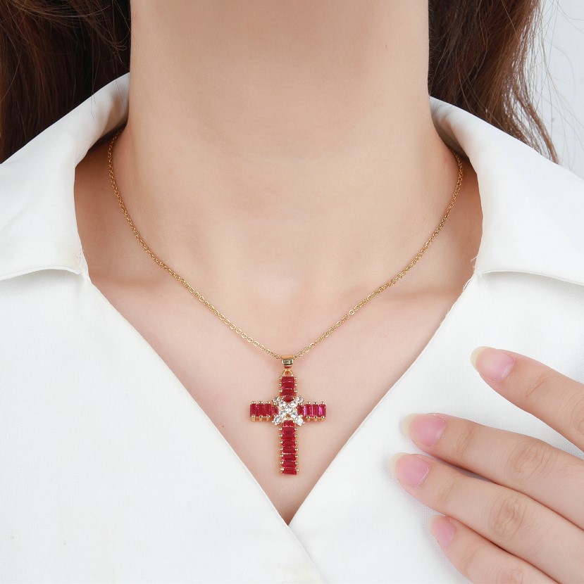 Gold Plated Micro Pave Hot Pink Baguette X Cross Pendant Necklace ...