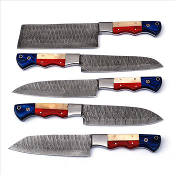Hand Forged Damascus Chef Knife Set of 5 Scalloped Blades Custom Made ...