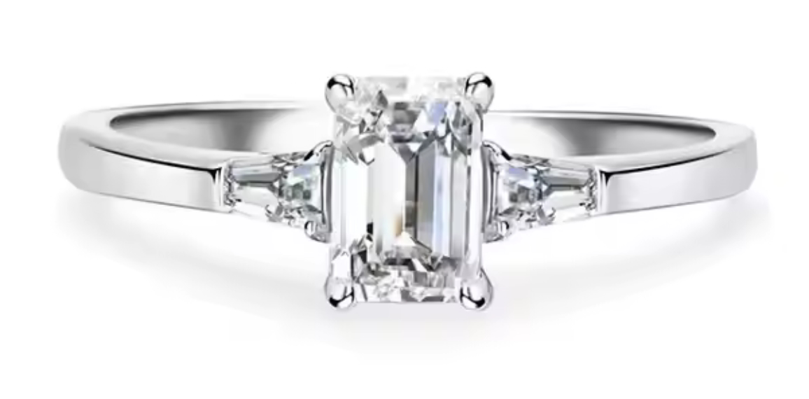 925 Sterling Silver 2.0ct Simulated Diamond Emerald Cut Trinity Ring ...
